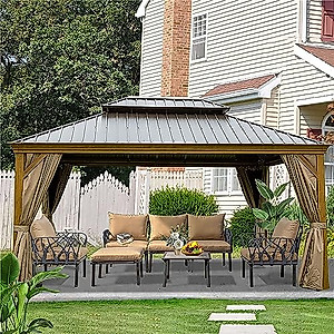 12'x16' Hardtop Gazebo Outdoor Aluminum Wood Grain Gazebos with Galvanized Steel Double Canopy for Patios Deck Backyard,Curtains&Netting