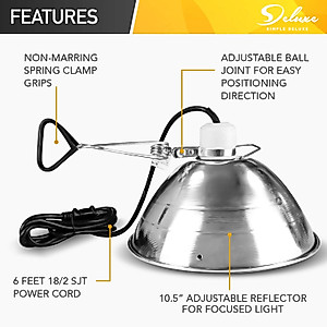Simple Deluxe Clamp Lamp Light with 10.5 Inch Aluminum Reflector and Bulb Guard up to 250 Watt E26 Socket (no Bulb Included) 6 Feet 18/2 SJT Cord, Silver, 10.5 Inch Clamp Light