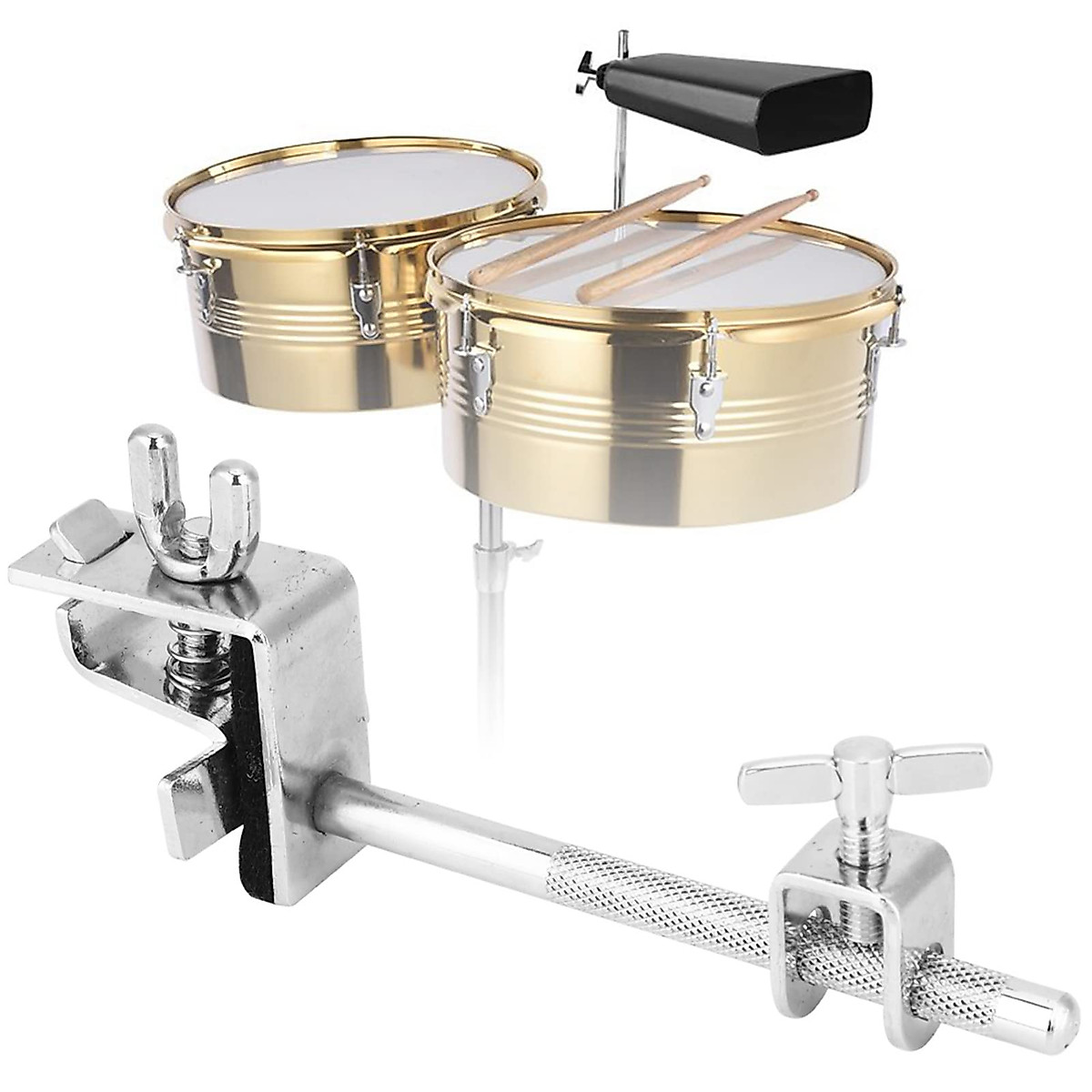 Cowbell Clamp, Drum Jazz Mounting Bracket Drummer Hoop Mounted Clamping Jaws Adjustable Height Angle Rod Arm Standard Holder Kit Tambourine Bass Set Percussion Musical Instrument Accessories Up Down