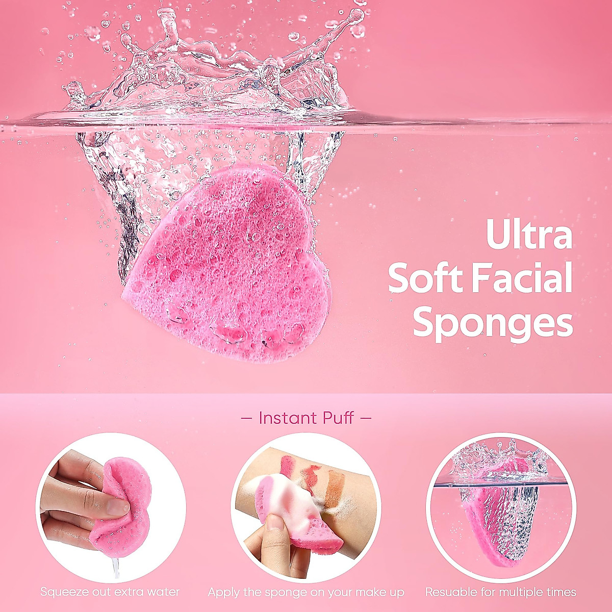 GAINWELL 50-Count Heart Shape Compressed Facial Sponges for Daily Facial Cleansing and Exfoliating, 100％ Natural Cosmetic Spa Sponges for Makeup Remover