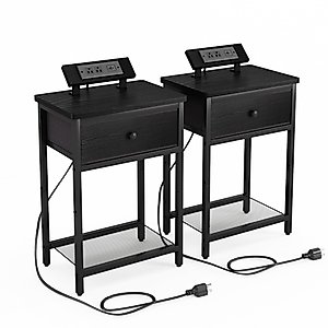 Fixwal Black Nightstands Set of 2 with Charging Station, Night Stand End Table with USB Ports & Outlets, Bedside Table with Fabric Drawer for Room, Bedroom
