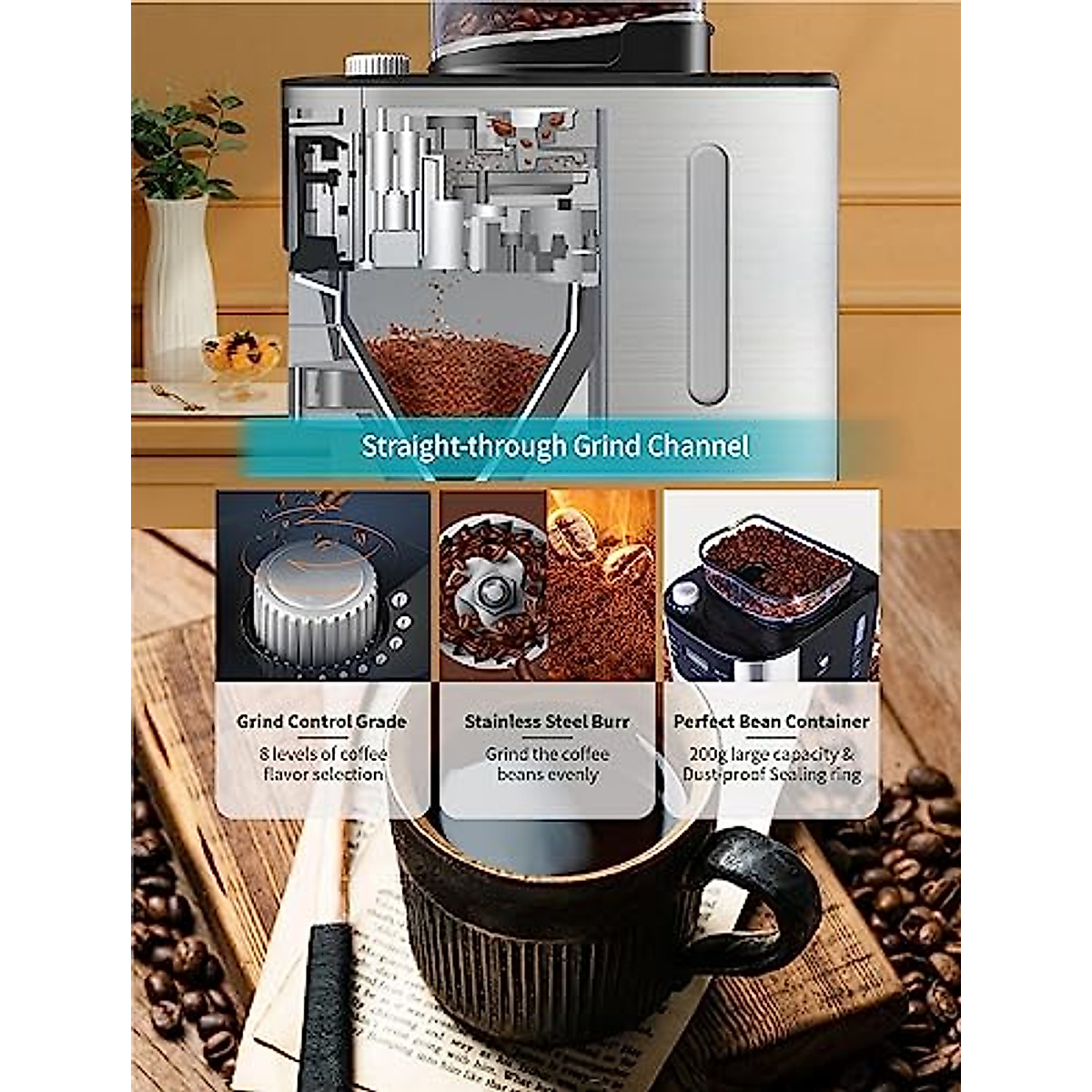 10-Cup Drip Coffee Maker, Brew Automatic Coffee Machine with Built-In Burr Coffee Grinder, Programmable Timer Mode and Keep Warm Plate, 1.5L Large Capacity Water Tank, Removable Filter Basket, 900W