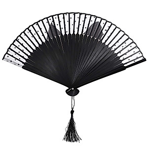 OULII Women Cartoon Cat Folding Silk Fan Handheld Fan (Black)