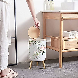 Small Trash Can with Lid Seamless Watercolor Floral Pink Flowers Green Leaves Branches on White Round Recycle Bin Press Top Dog Proof Wastebasket for Kitchen Bathroom Bedroom Office 7L/1.8 Gallon