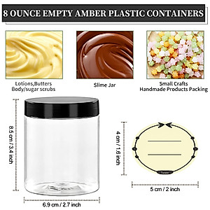 TUZAZO 8 Oz Plastic Container Jars with Lids and Labels BPA Free, Empty Round Clear Cosmetic Containers Plastic Slime Jars for Lotion, Cream, Ointments, Body Butter, Makeup, Travel Storage (12 Pack)