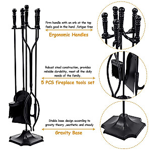 Tangkula 32 inch Fireplace Set 5 Piece Rustic Heavy Duty Compact Wrought Iron Fire Place Tool Set with Pedestal Place, Hearth Tool