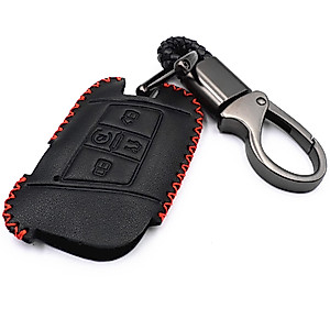 MJKEYAuto Black Leather 4 Buttons Smart Remote Key Fob Cover Chain Case for Volkswagen Tiguan Atlas Jetta Passat Golf Alltrack 2018 2019 2020 2021 2022