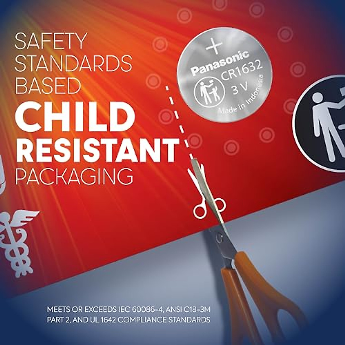 Panasonic CR1632 3.0 Volt Long Lasting Lithium Coin Cell Batteries in Child Resistant, Standards Based Packaging, 4-Battery Pack