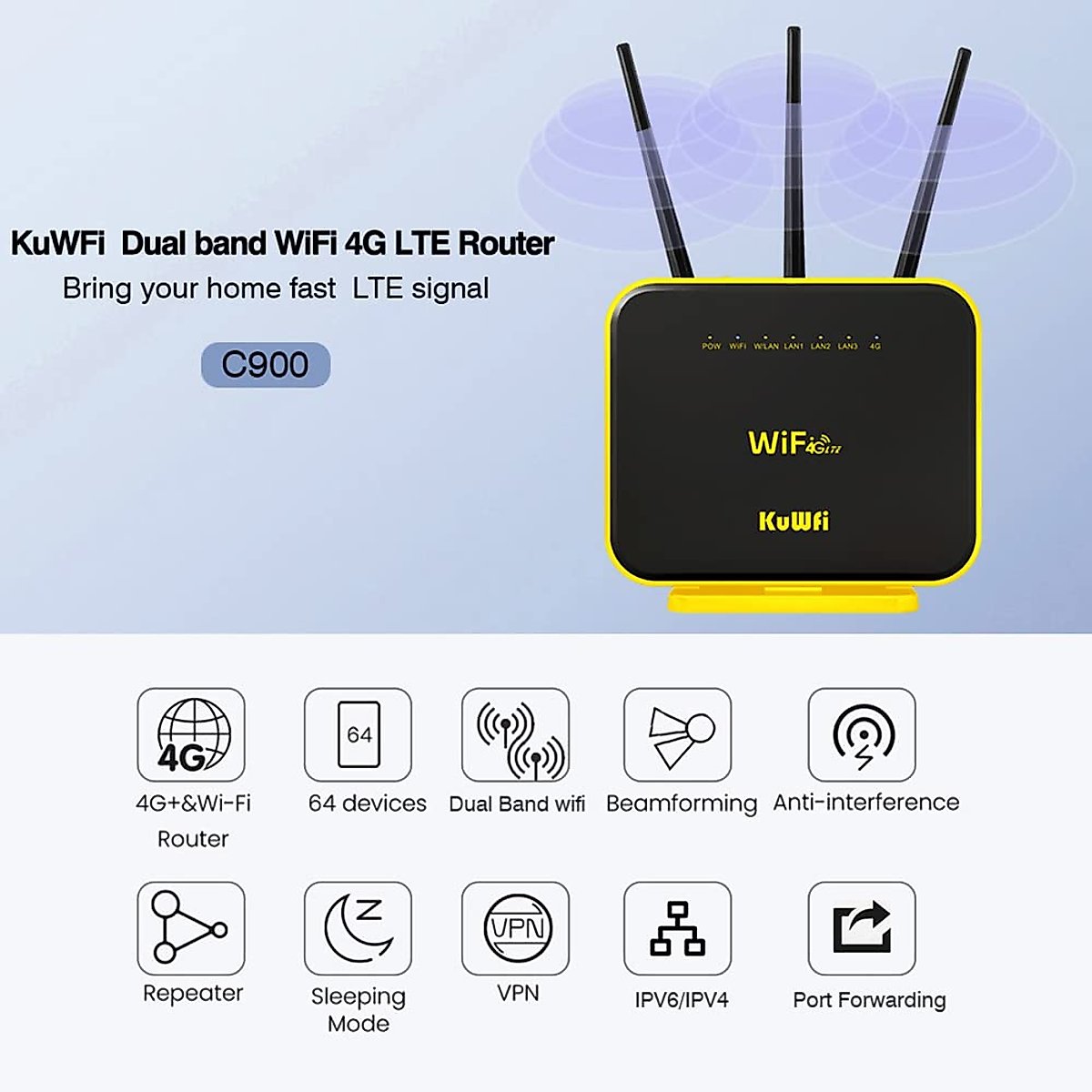KuWFi vSIM Hotspot 4G LTE Router 1200Mbps Dual Band Gigabit WiFi External Antenna with US 2GB Data vSIM Router Offer high-Speed Data Plans to accommodate RV orRural No Contract Plug and Play