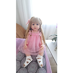 ROSHUAN Reborn Baby Dolls Girl 22 inch Lifelike Realistic Toddler Reborn Doll Silicone Vinyl Full Body Waterproof with Blond Long Hair Pink Dress for Birthday Gifts