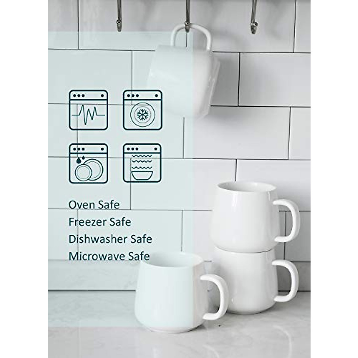 Porcelain Coffee Mugs Set of 4-12 Ounce Cups with Handle for Hot or Cold Drinks like Cocoa, Milk, Tea or Water - Smooth Ceramic with Modern Design, White