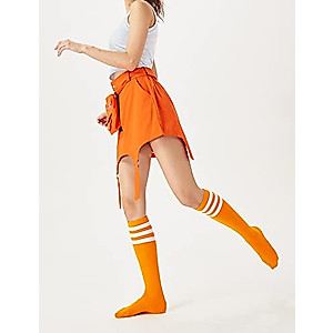 Joulli Women's Knee High Athletic Socks Stripe Tube Outdoor Sport Socks 3 Pairs, Orange