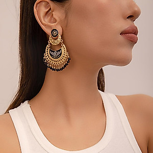 Kenjudess Vintage Turquoise Beaded Tassel Chandelier Earrings Retro Gold Ethnic Long Moon Drop Dangle Hook Earrings Exotic Indian Belly Dance Accessories for Women (Black B)