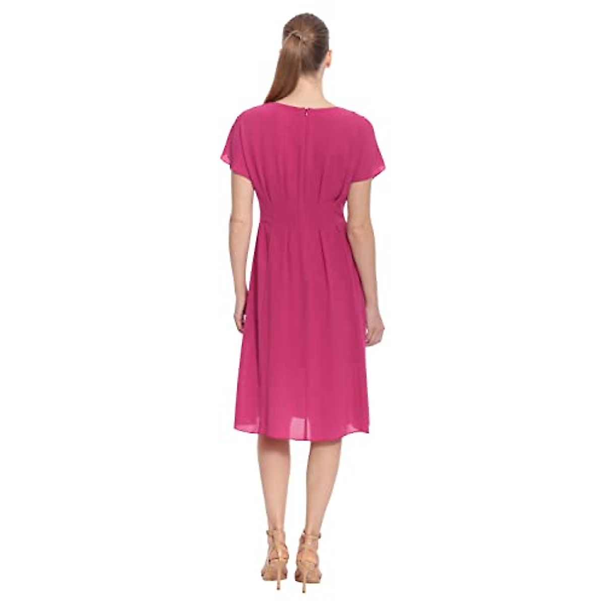 London Times Women's Pleat Tuck Catalina Crepe Dress with Waistband, Fuchsia Red, 14