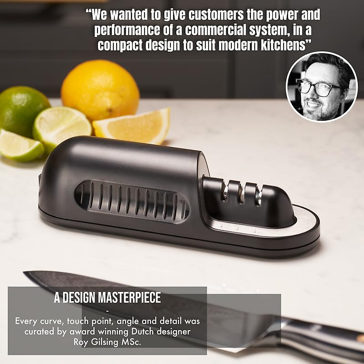 Electric Knife Sharpener - Professional 3 Stage Electrical Sharpening System for All Knives and Serrated Blades - Sharpen, Hone and Polish - Non-Slip Base, Magnet Compartment for Waste Collection