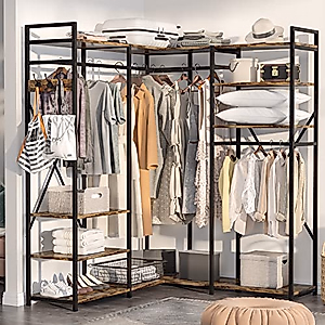 PAKASEPT L Shaped Garment Rack, L Shaped Closet Organizer, Freestanding Corner Clothes Garment Rack with 4 Hanging Rods and Open Shelves Heavy Duty Metal Clothing Rack for Bedroom