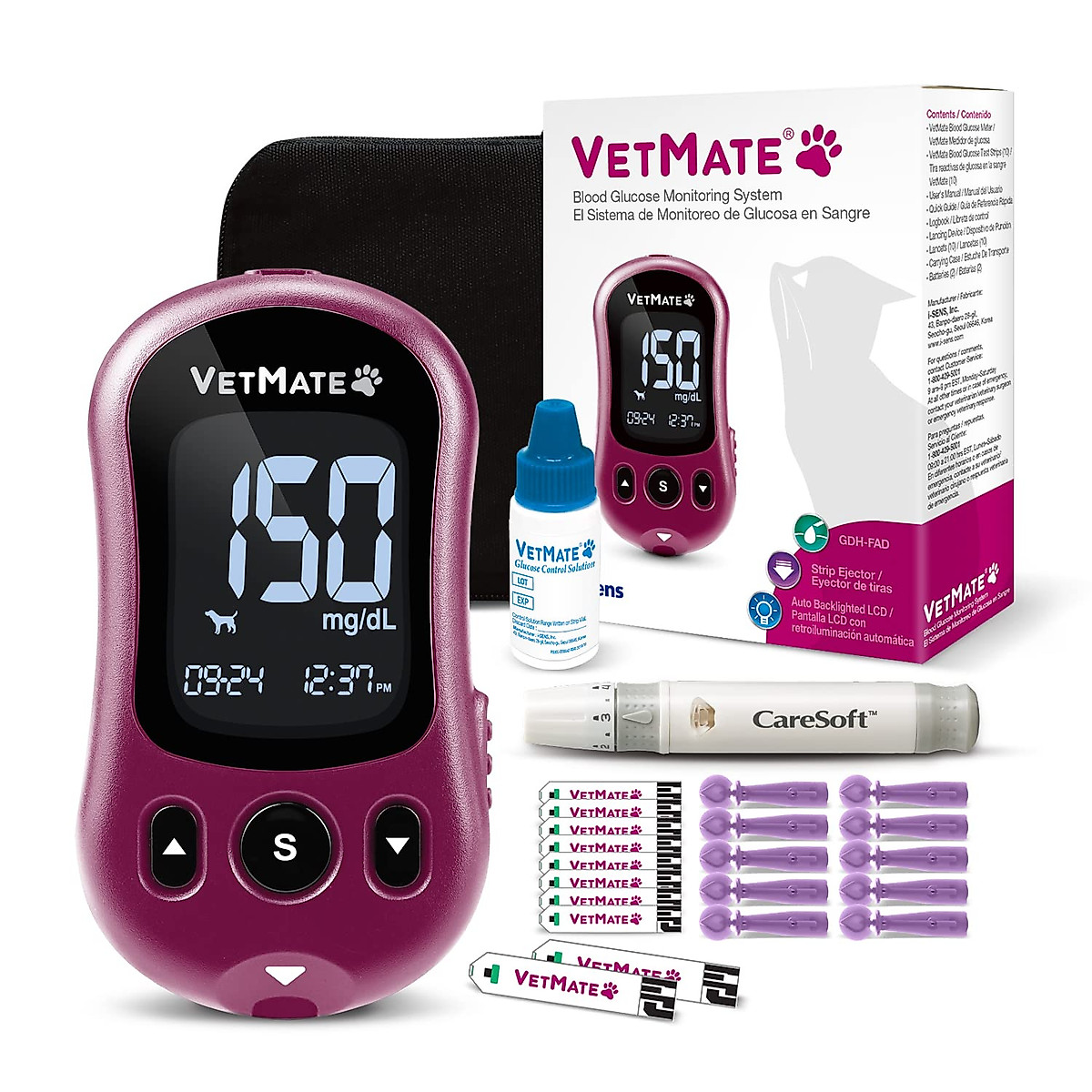 VetMate Dogs/Cats Diabetes Monitoring Starter KIT (Auto-Coding) - 1 Pet Blood Glucose Meter, 10 Test Strips, 1 Lancing Device, 10 Lancets, 1 Control Solution – Calibrated for Dogs and Cats