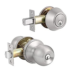 Knobonly All Keyed Same Entry Door Knobs with Double Cylinder Deadbolt for Exterior Front Doors, Satin Nickel Finish, Contractor Pack of 10-Keyed on Both Side