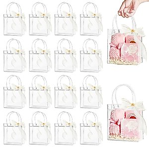 Ohuimrt 30 PCS Clear Plastic Gift Bags with Handles, Reusable Party Favor Bags with Ribbon Transparent Gift Wrap Bags Bulk for Weddings Birthdays, 5.9 x 6.3 x 2.8 Inches