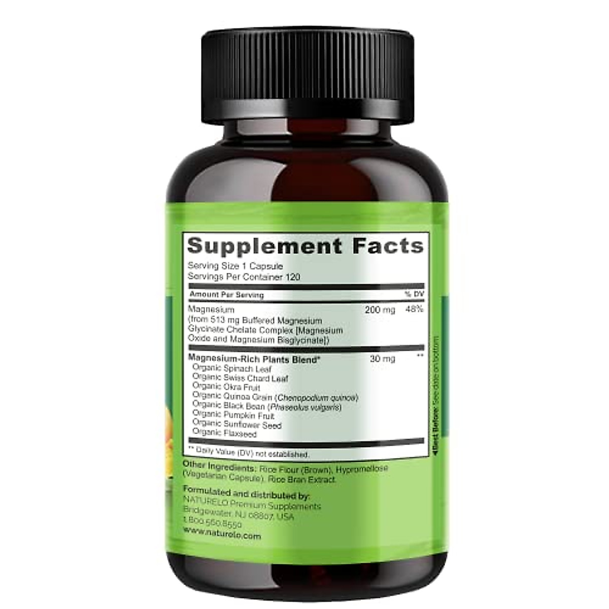 NATURELO Magnesium Glycinate Chelate Complex - 200 mg Magnesium with Organic Vegetables to Support Sleep, Calm, Muscle Cramp & Stress Relief – Gluten Free, Non GMO - 120 Capsules