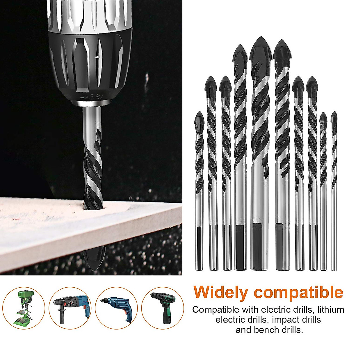 OCR 10Pcs Masonry Drill Bits Set, 1/8 to 1/2 Inch Bits for Power Drills, Professional Concrete Drill Bit Set for Tile Brick Cement Concrete Glass Plastic Cinder Block Wood