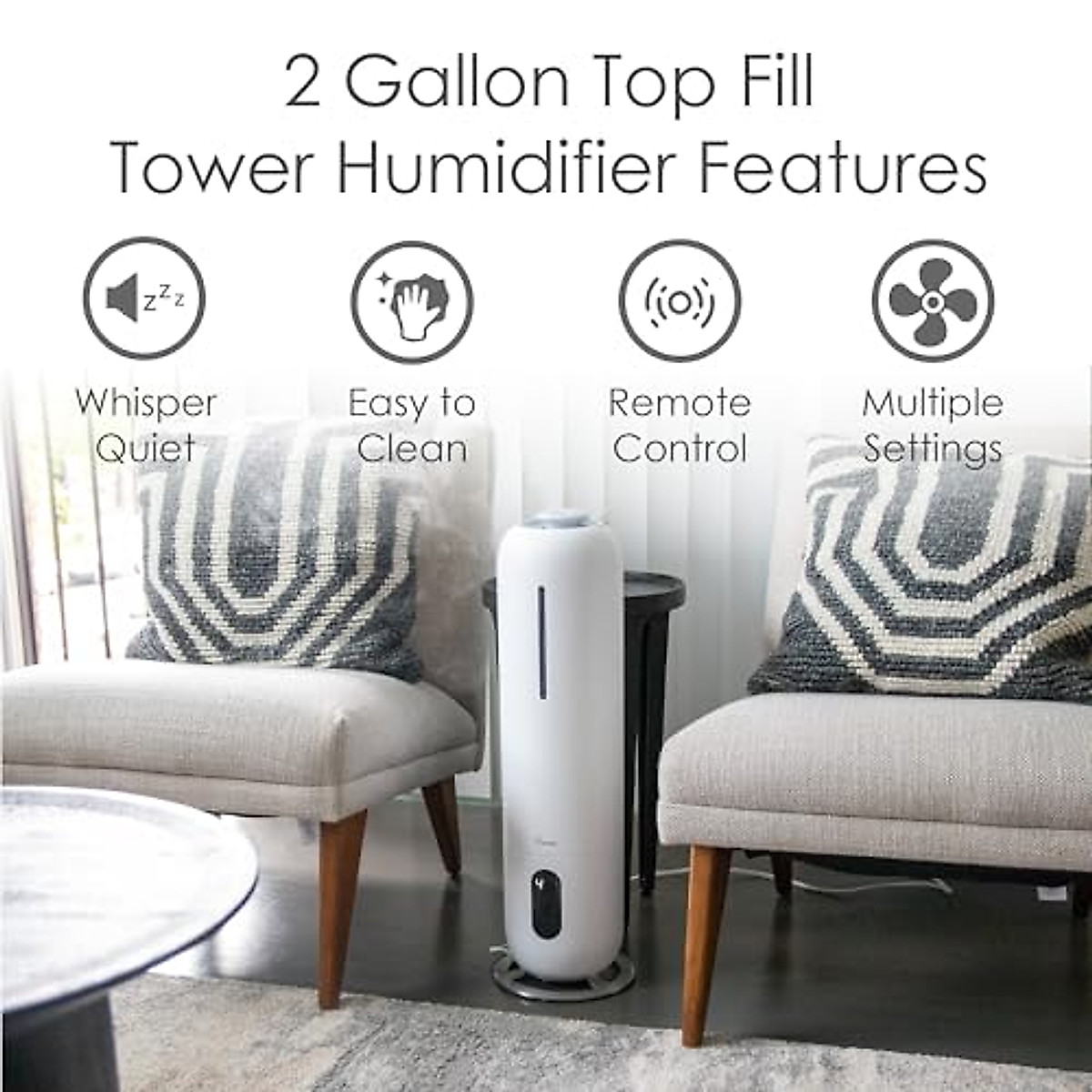 Crane Ultrasonic Cool Mist Tower Humidifier, 2 Gallon,White,EE-6917