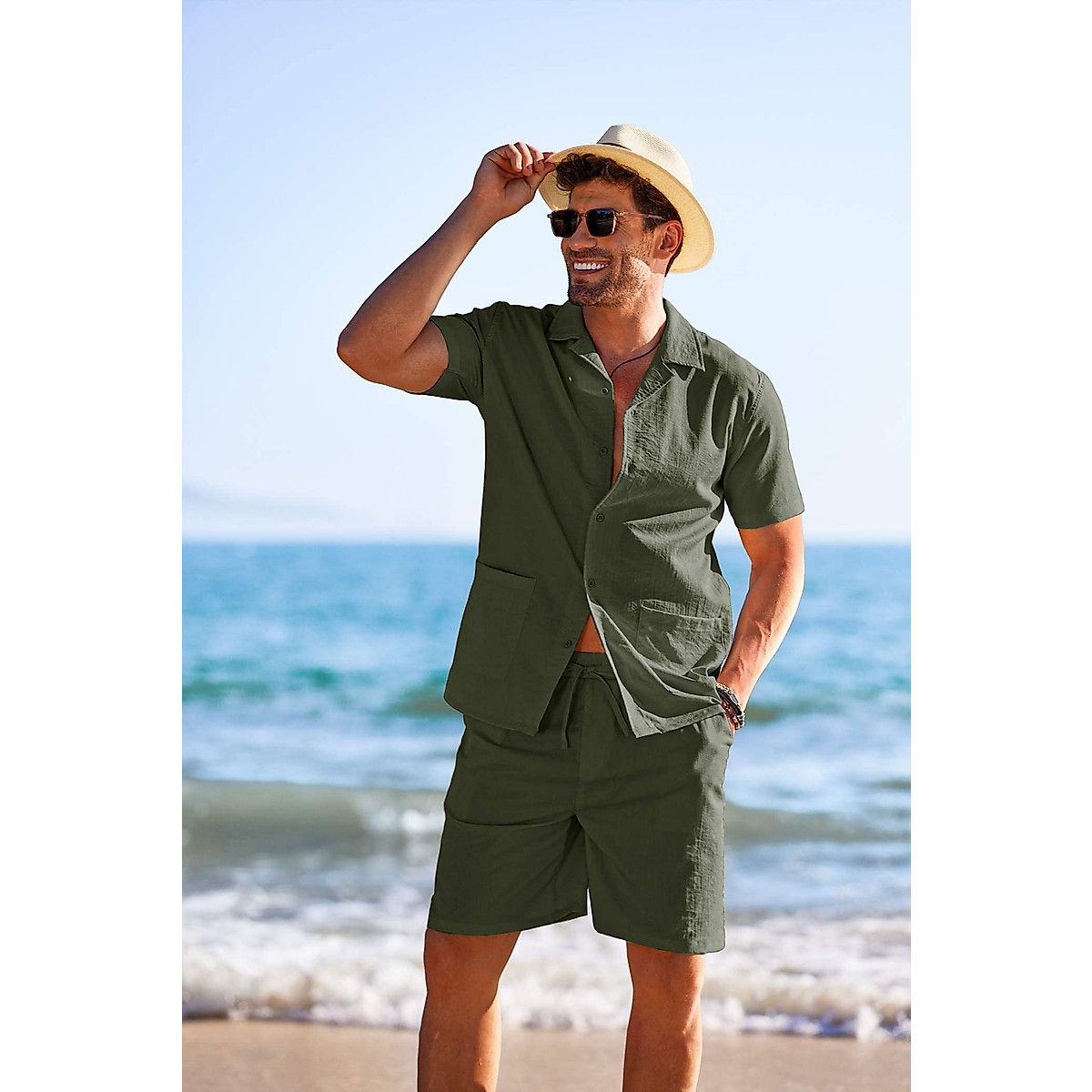 COOFANDY Men's Linen Beach Shirts Casual Hippie Holiday T-Shirts Shorts Outfits Button Down Hawaiian Outfits 2 Piece