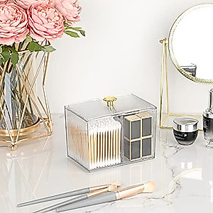 Hipiwe Acrylic Q-tip Holder with Lid- 3 Sections Bathroom Dispenser Jar Cotton Ball and Swab Organizer Plastic Apothecary Jar Makeup Storage Canister Box for Cotton Rounds Pads Floss