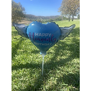 Heavenly Balloons on a stick Happy Heavenly Birthday blue/purple balloon heart shaped with angel wings