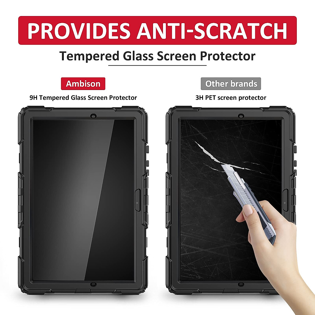 Compatible with Samsung Galaxy Tab A8 10.5 Inch Case 2022, [Kids Proof] Ambison Full Body Protective Case with 9H Tempered Glass Screen Protector, 360° Rotatable Kickstand & Hand Strap (Black)