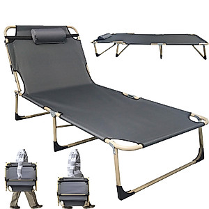 PYJJZU 4-Fold Widen Patio Chaise Lounge Chair, 4-Fold Patio Lounge Chair with Pillow, Portable Sun Lounger Recliner for Beach, Home, Backyard, Outdoor, Patio, Pool, Camping