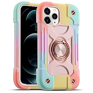 MARKILL Compatible with iPhone 12/12 Pro Case 6.1 Inch with 360 Degree Rotate Ring Stand, Military Grade Drop Protection Rugged Heavy Duty Case 3 in 1 Protective Durable Cover (Rainbow Pink)