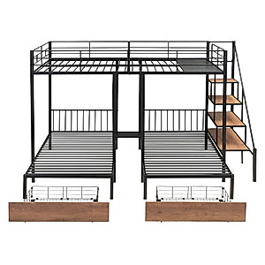 Bellemave Triple Bunk Bed with Storage Stairs, Metal Full Over Twin & Twin Bunk Beds, Detachable Bunk Bed for 3 Kids with Storage Shelf for Three Boys Girls Teens, Black