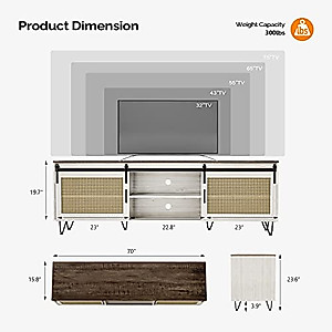 VINGLI Rattan TV Stand for TV's up to 75 Inch Farmhouse Boho Entertainment Center with Sliding Barn Door for Living Room, White, 70(W) x15.8(D) x23.6(H)