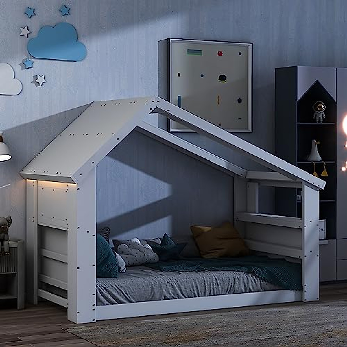 AnwickNomo Solid Wood Twin Canopy Platform Bed Frame with Roof Window and LED Light, Twin House Floor Bed Frames for Kids, Boys, Girls, Teens, Mattress Foundation, No Box Spring Needed (White)