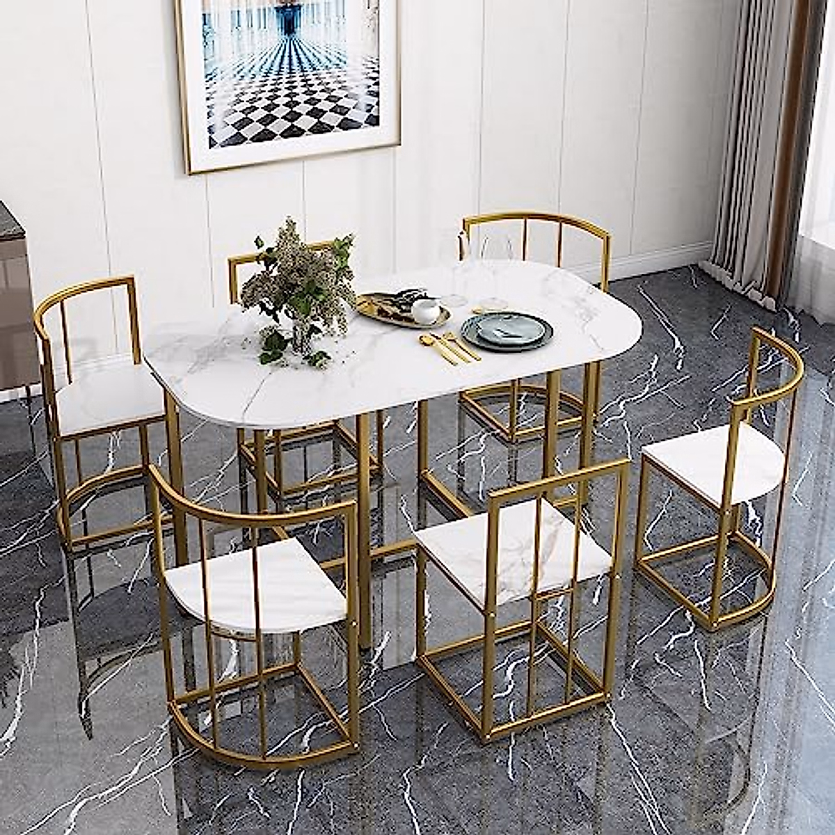 Merax Compact Dining Table and Chairs for Small Space Faux Marble Dining Table Set for 6, 55inch Kitchen Table 7 Piece Set for Dining Room Living Room Modern Style