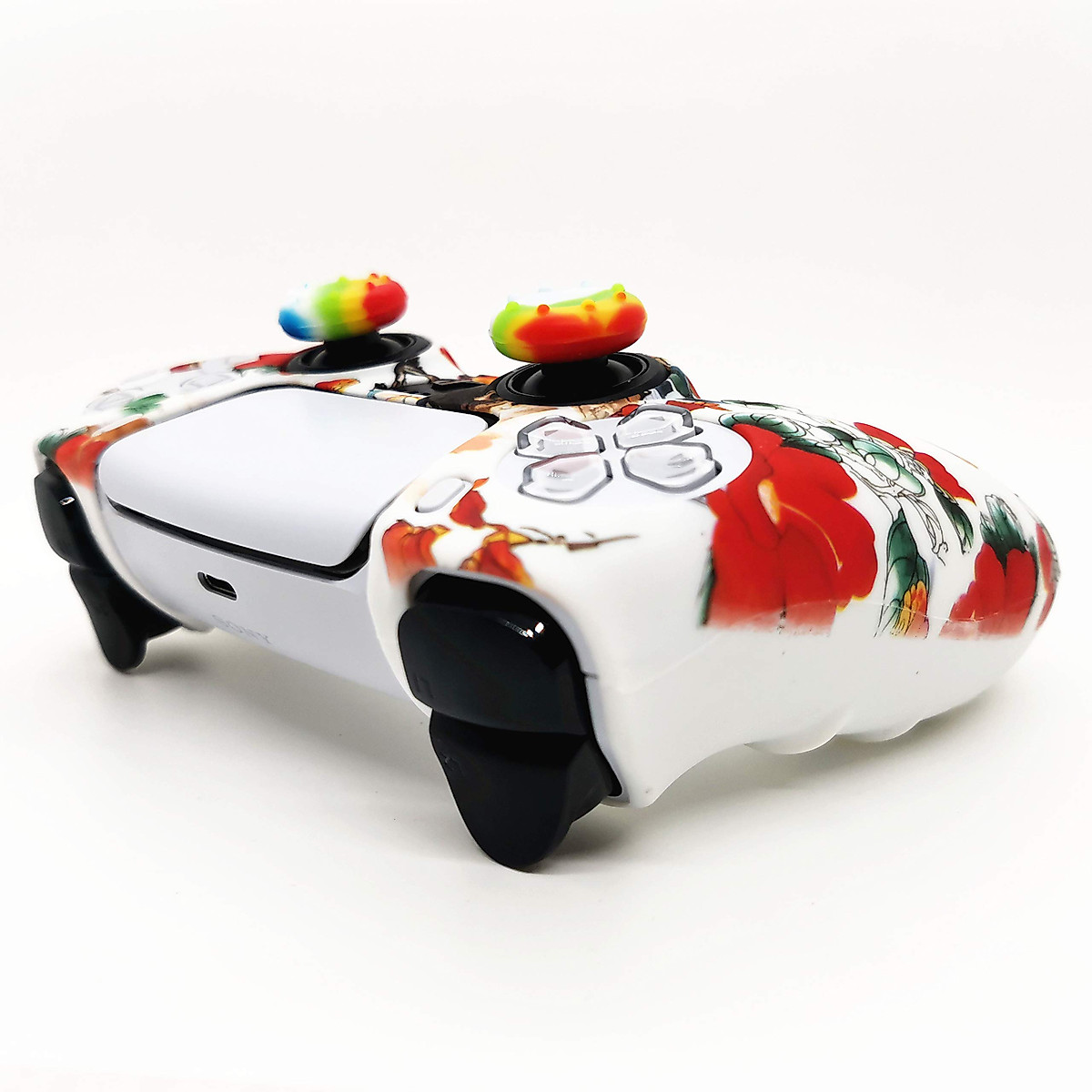 Skin for PS5 Controller Grips, Silicone Case Cover for PlayStation 5 Anti-Slip Protector with 10pcs Thumb Joysticks Caps (Flower)