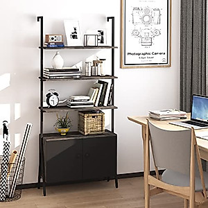Usinso Wood Metal Ladder Bookshelf, Industrial 4-Tier Black Bookcase with Wide Storage Cabinet, Rustic Brown Bookshelf for Living Room, Shelves for Storage Bedroom, 30L x 13W x 70H Inch