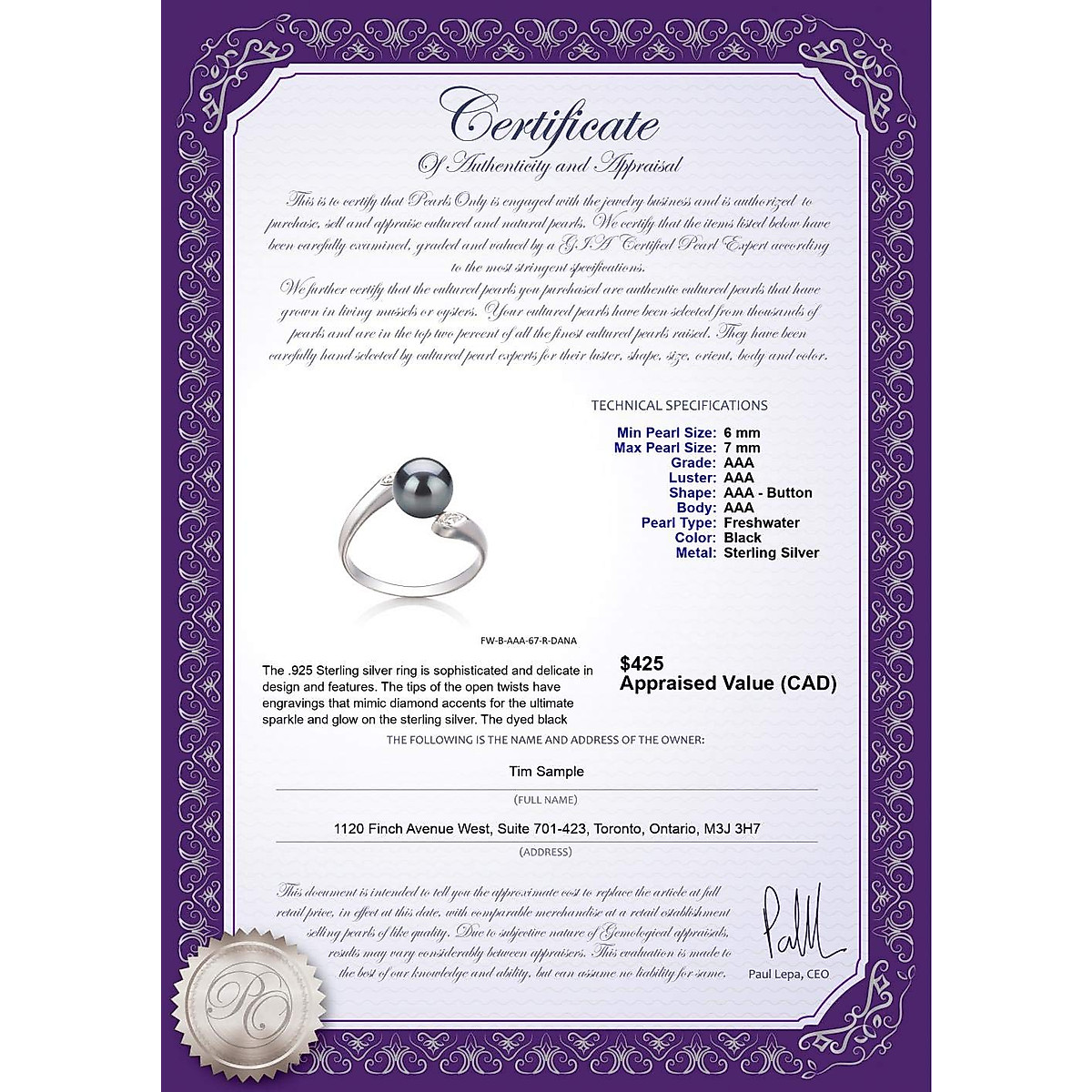 Dana Black 6-7mm AAA Quality Freshwater 925 Sterling Silver Cultured Pearl Ring For Women - Size-7