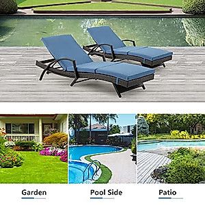GYUTEI Patio Lounge Chair Rattan Chaise Lounge Chair with Adjustable Backrest Thickened Cushion,PE Rattan Steel Frame Outdoor Reclining Chaise for Patio Backyard Porch Garden Poolside(Light Blue)