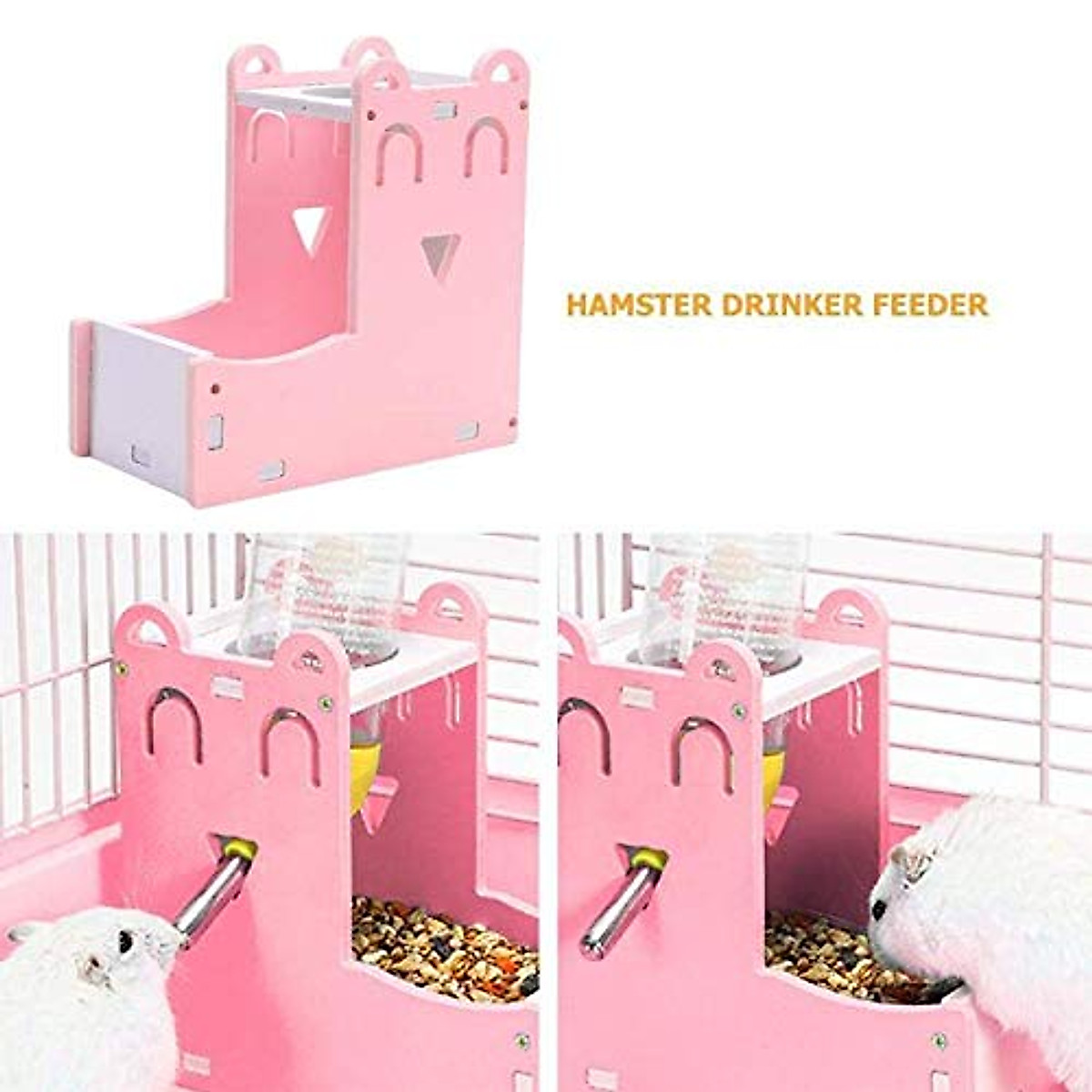 2in1 Hamster Automatic Water Drinker Base Bottle Dispenser Feeder Hanging Small Animals Guinea Pig Squirrel Rabbit Drinking Head Pipe Fountain (Pink)