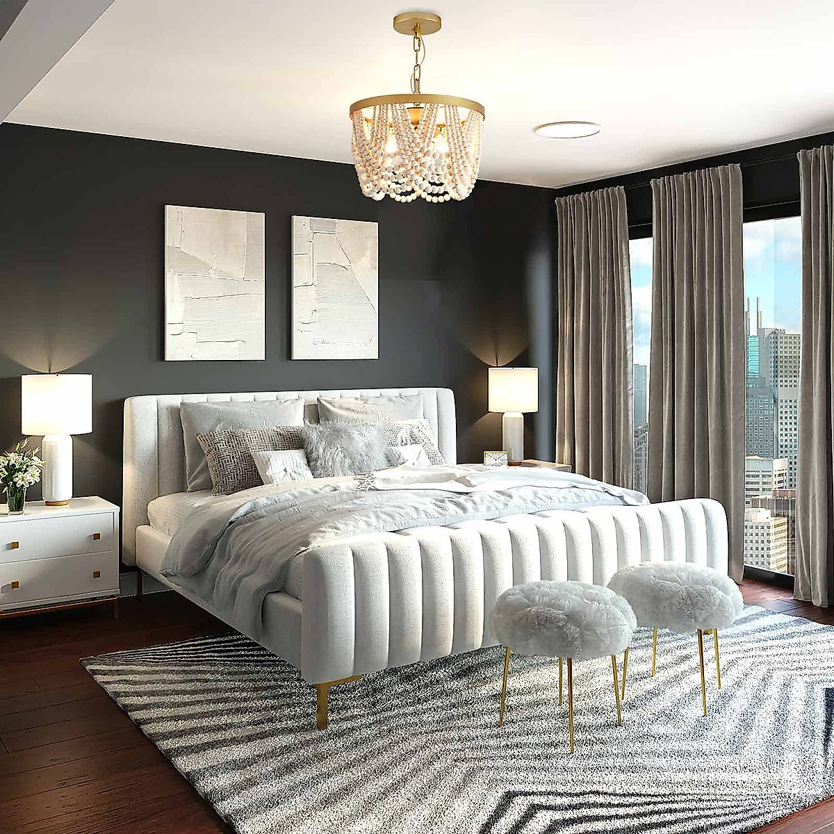 MZMHD Boho Wood Beaded Semi Flush Mount Ceiling Light Fixture,3-Light Gold Metal Mini Chandeliers,Bohemia Small Chandelier for Bedroom,Nursery Room,Entryway,Hallway,Passway,Dining Room