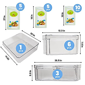 Clear Fridge Organizer Bins - 10 pcs Refrigerator Organizers and Storage Set for Fridge, Freezer, Kitchen, Stackable Pantry Organizer Bins - Includes Pack of 20 Food Bags - Ideal for Food & Drinks