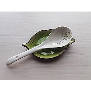 Ceramic Spoon Rest Cooking Spoon Holder for Kitchen Counter/Stove Top/Dining Table with Cute Spoon, Leaf Shaped, Modern Farmhouse Decorative, 6.7x3.9 inch