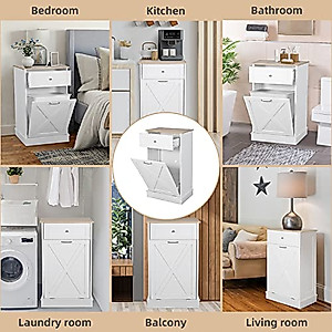 Puluomis Tilt Out Trash Cabinet-Free Standing Kitchen Waste Bin-Wooden Recycling Trash Cabinet with Drawer-White