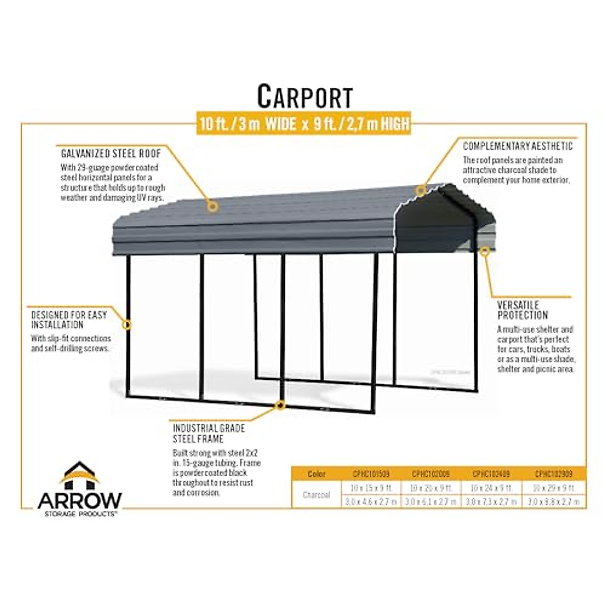 Arrow Carports Galvanized Steel Carport, Compact Car Metal Carport Kit, 10' x 15' x 9', Charcoal