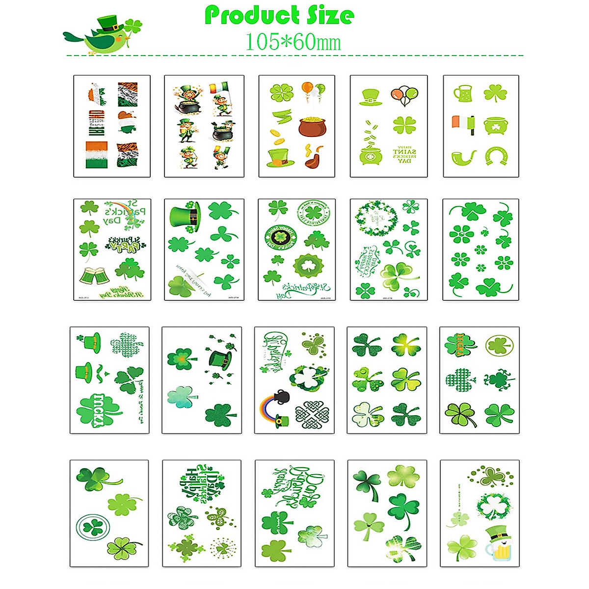 St Patricks Day Tattoos, 20 Unique Sheets St. patrick's Day Temporary Tattoos Shamrock, 4 Leaf Clover Temporary Tattoos Irish St Patricks Day Decorations (180+Pcs)