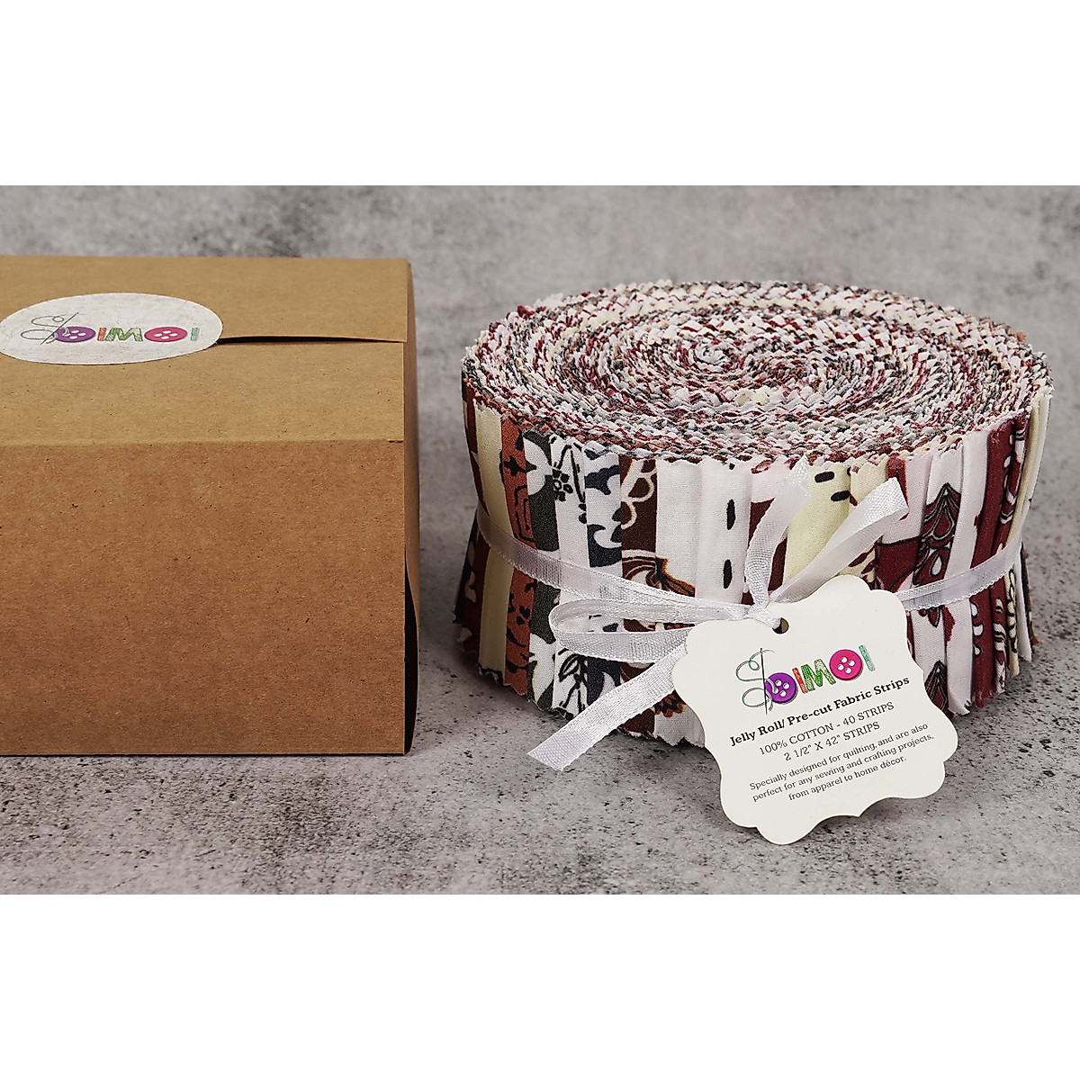 Soimoi 40Pcs Asian Block Print Cotton Precut Fabrics for Quilting Craft Strips 2.5x42inches Jelly Roll - Maroon, White, Pale Yellow, Brown