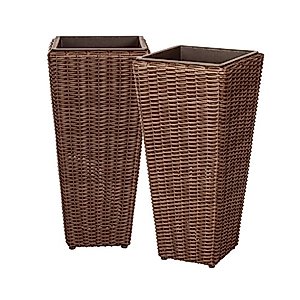 Patio Sense 62501 Alto Wicker All-Weather Planter Set with Liners Tall Plant Decor Box for Outdoors Patio Herb Garden Furnishings - Mocha - Pack of 2