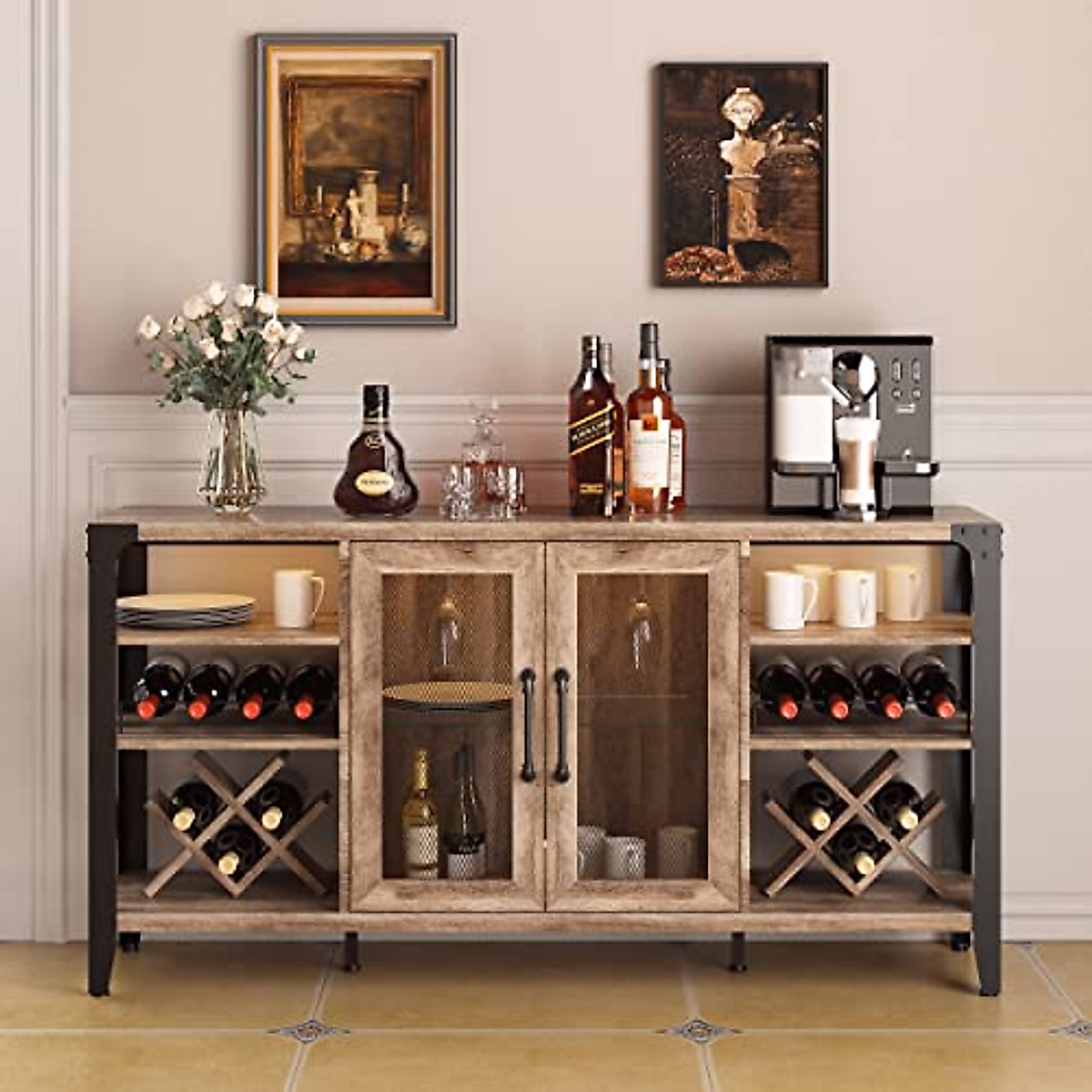 Vabches Wine Bar Cabinet for Liquor and Glasses, Farmhouse Coffee Cabinet, Home Living Room Dining Room, Sideboard Buffet with Storage Kitchen, 58 in(L) (Rustic Oak)